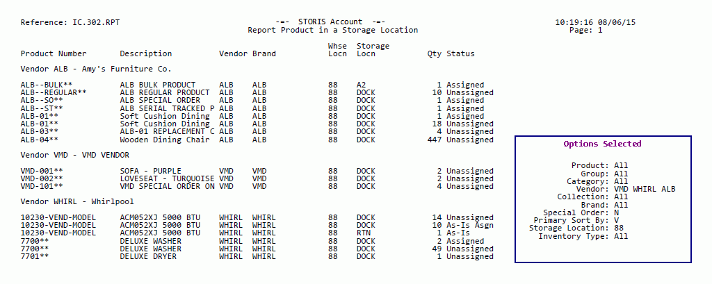 Report Product in a Storage Location Sample